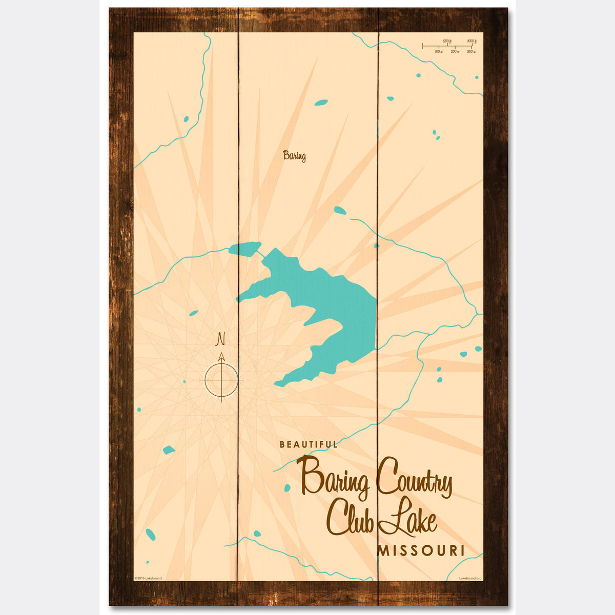 Baring Country Club Lake Missouri, Rustic Wood Sign Map Art – Lakebound®