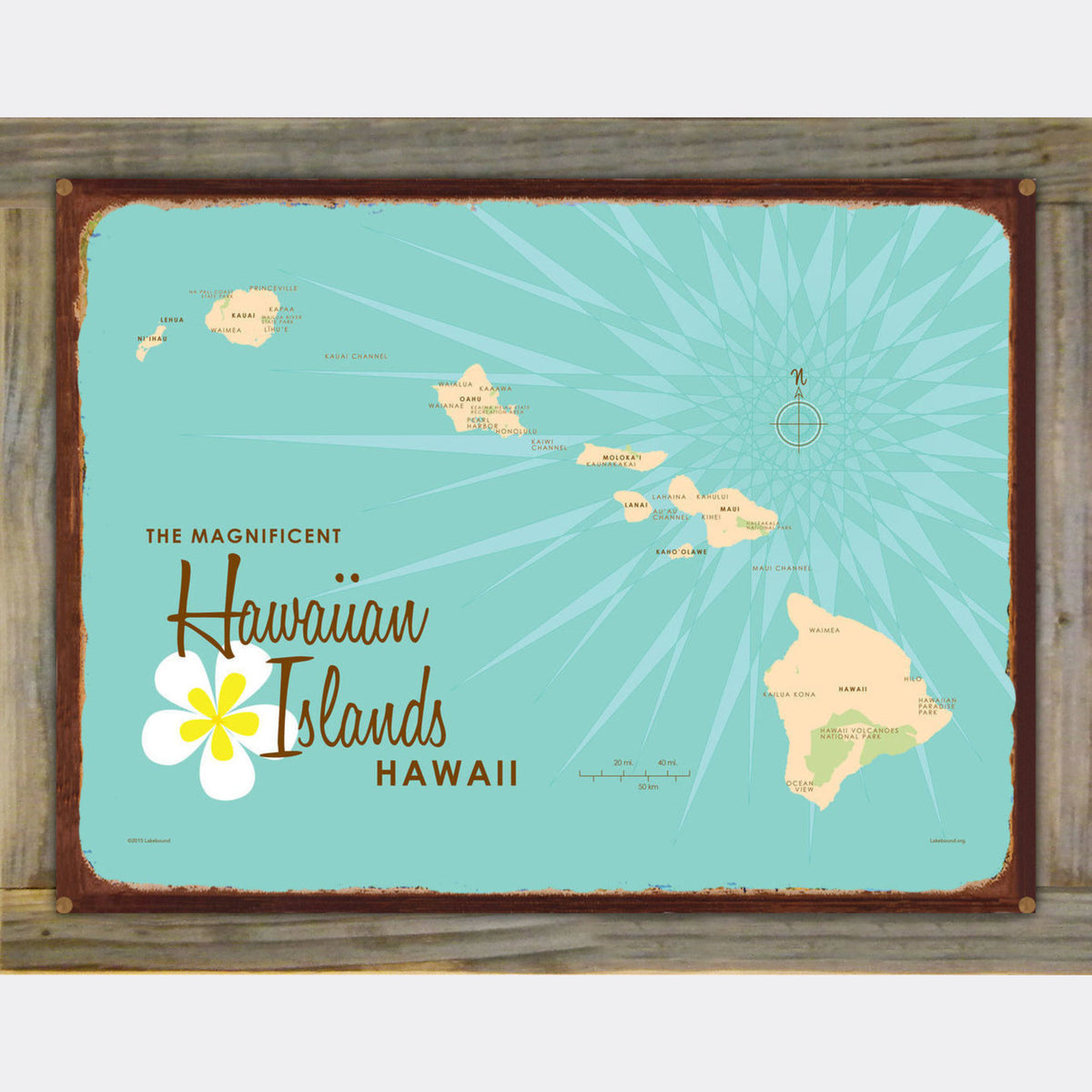 Hawaiian Islands, Wood-Mounted Rustic Metal Sign Map Art – Lakebound®
