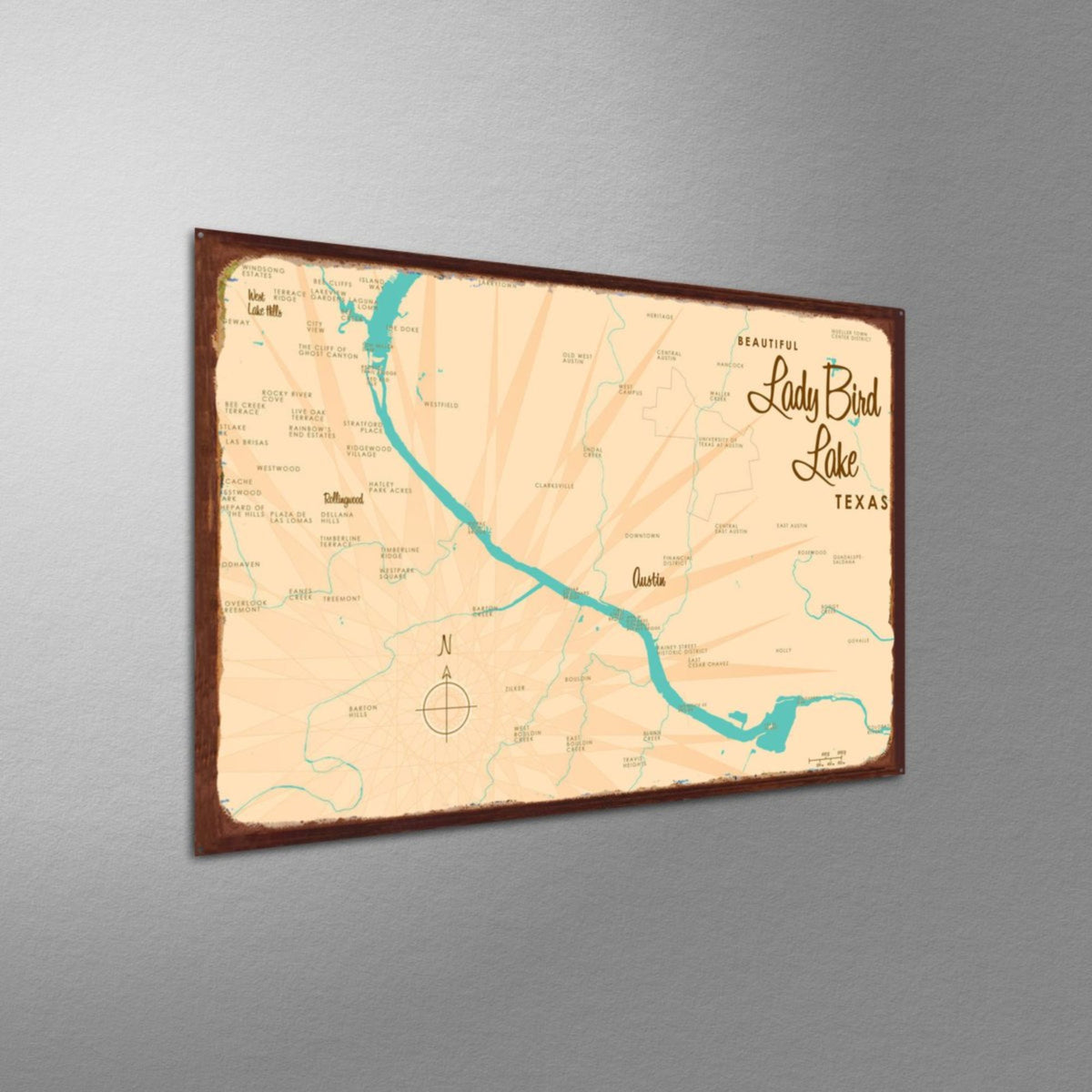 Lady Bird Lake Texas, Rustic Metal Sign Map Art – Lakebound®