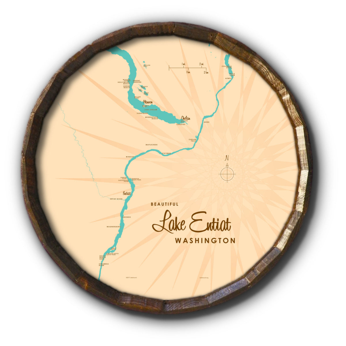Lake Entiat Washington, Barrel End Map Art – Lakebound®