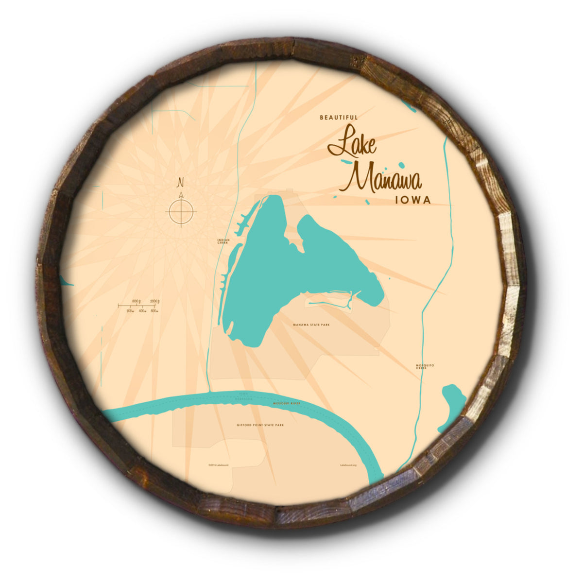 Lake Manawa Iowa, Barrel End Map Art – Lakebound®