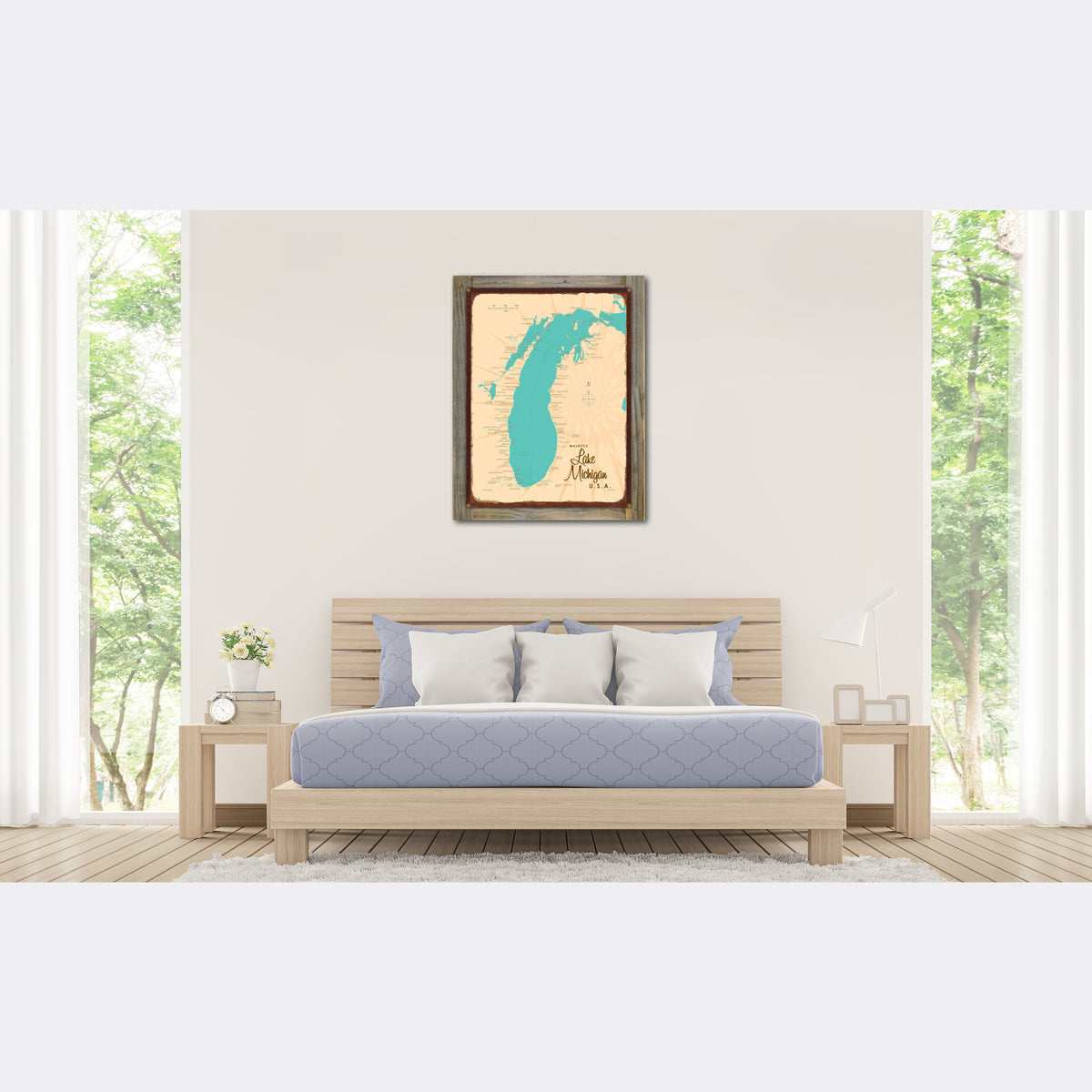 Lake Michigan USA, Wood-Mounted Rustic Metal Sign Map Art – Lakebound®