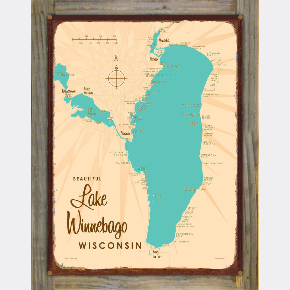 Lake Winnebago Wisconsin, Wood-Mounted Rustic Metal Sign Map Art ...