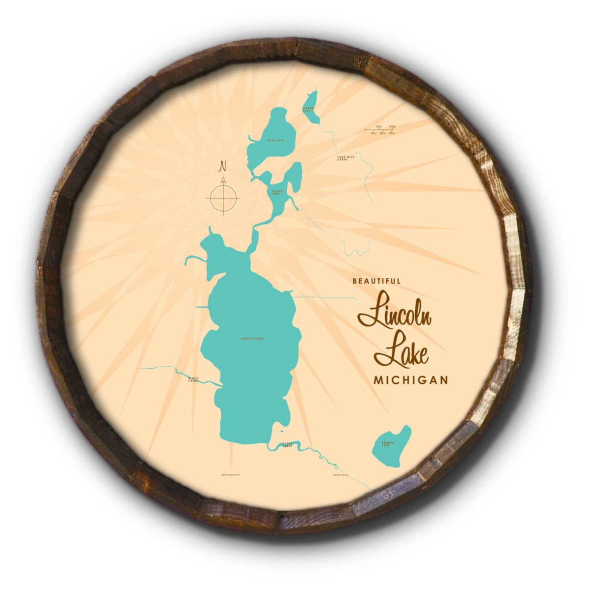 Lincoln Lake Michigan, Barrel End Map Art – Lakebound®