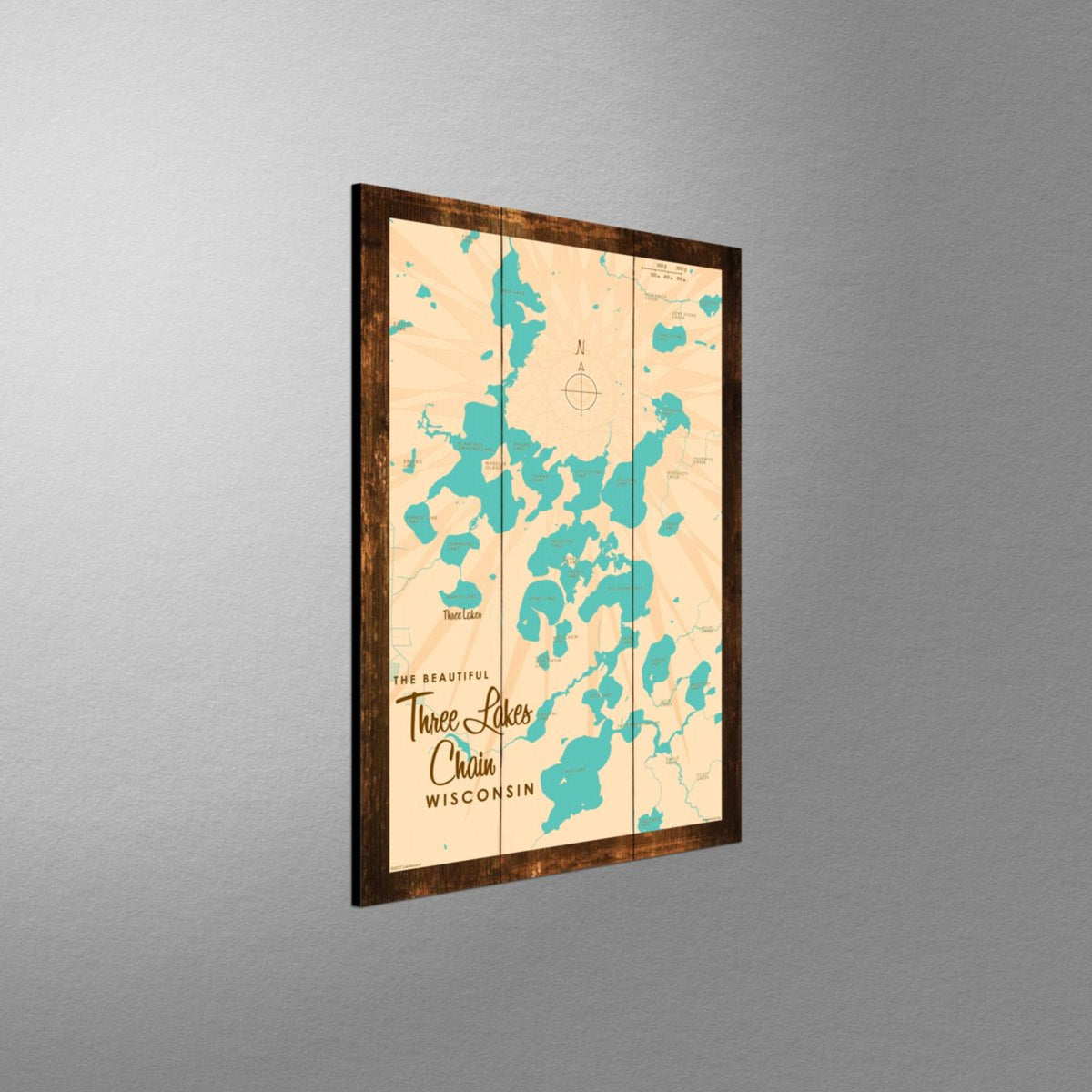 Three Lakes Chain Wisconsin, Rustic Wood Sign Map Art – Lakebound®