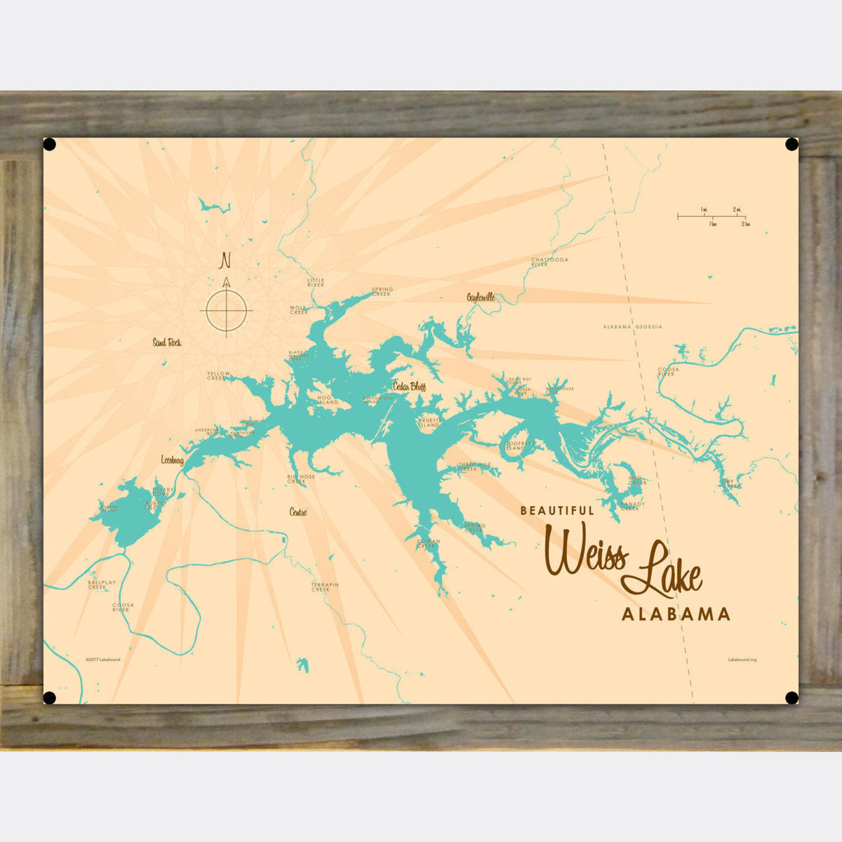 Weiss Lake Alabama, Wood-Mounted Metal Sign Map Art – Lakebound®