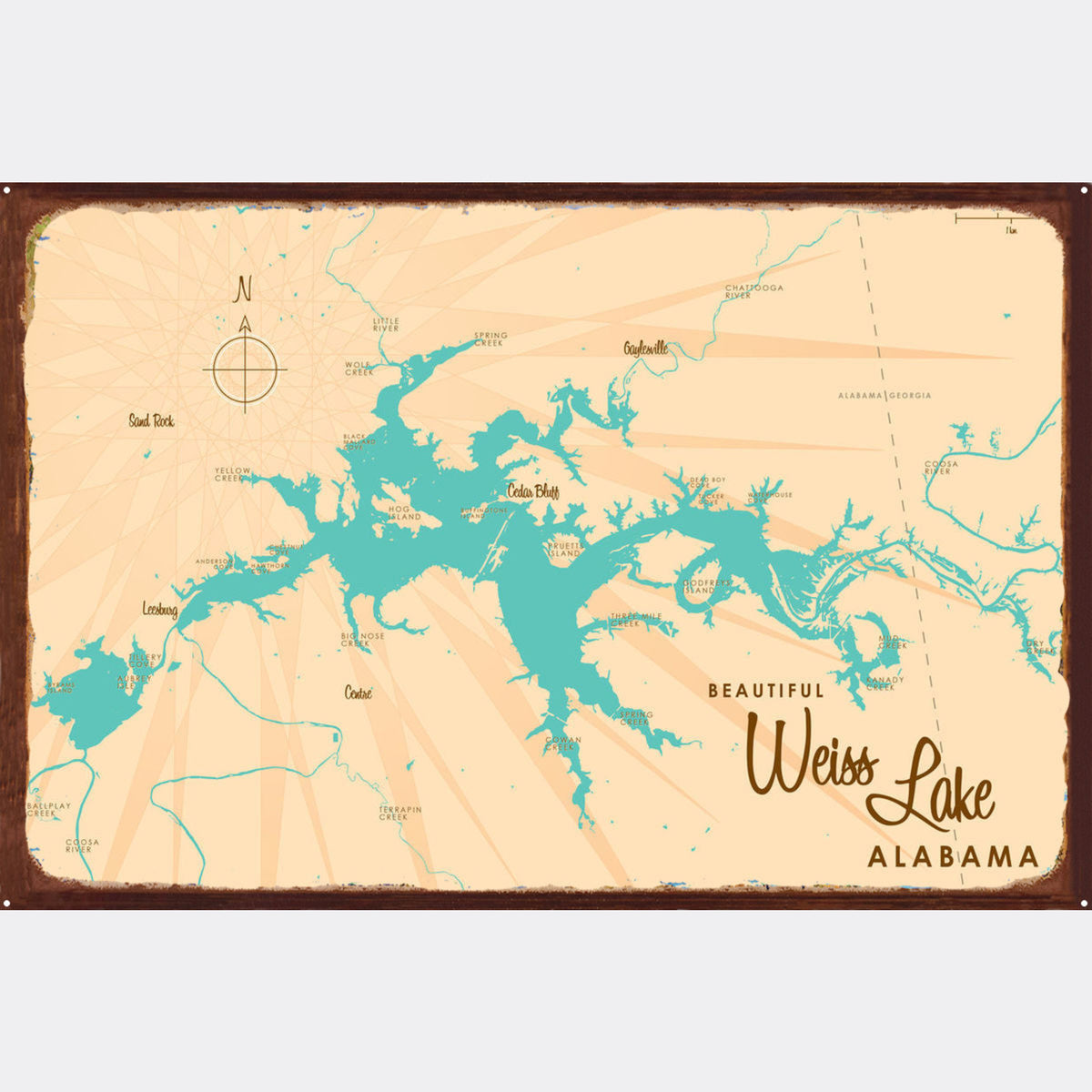 Weiss Lake Alabama, Rustic Metal Sign Map Art – Lakebound®