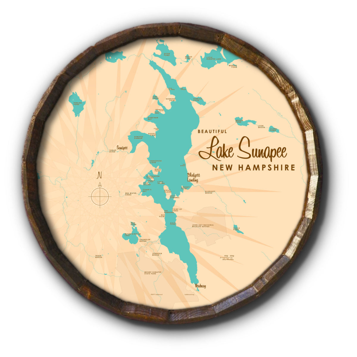 Lake Sunapee , Barrel End Map Art – Lakebound®