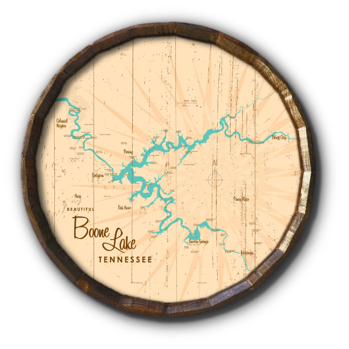 Boone Lake Tennessee, Rustic Barrel End Map Art – Lakebound®
