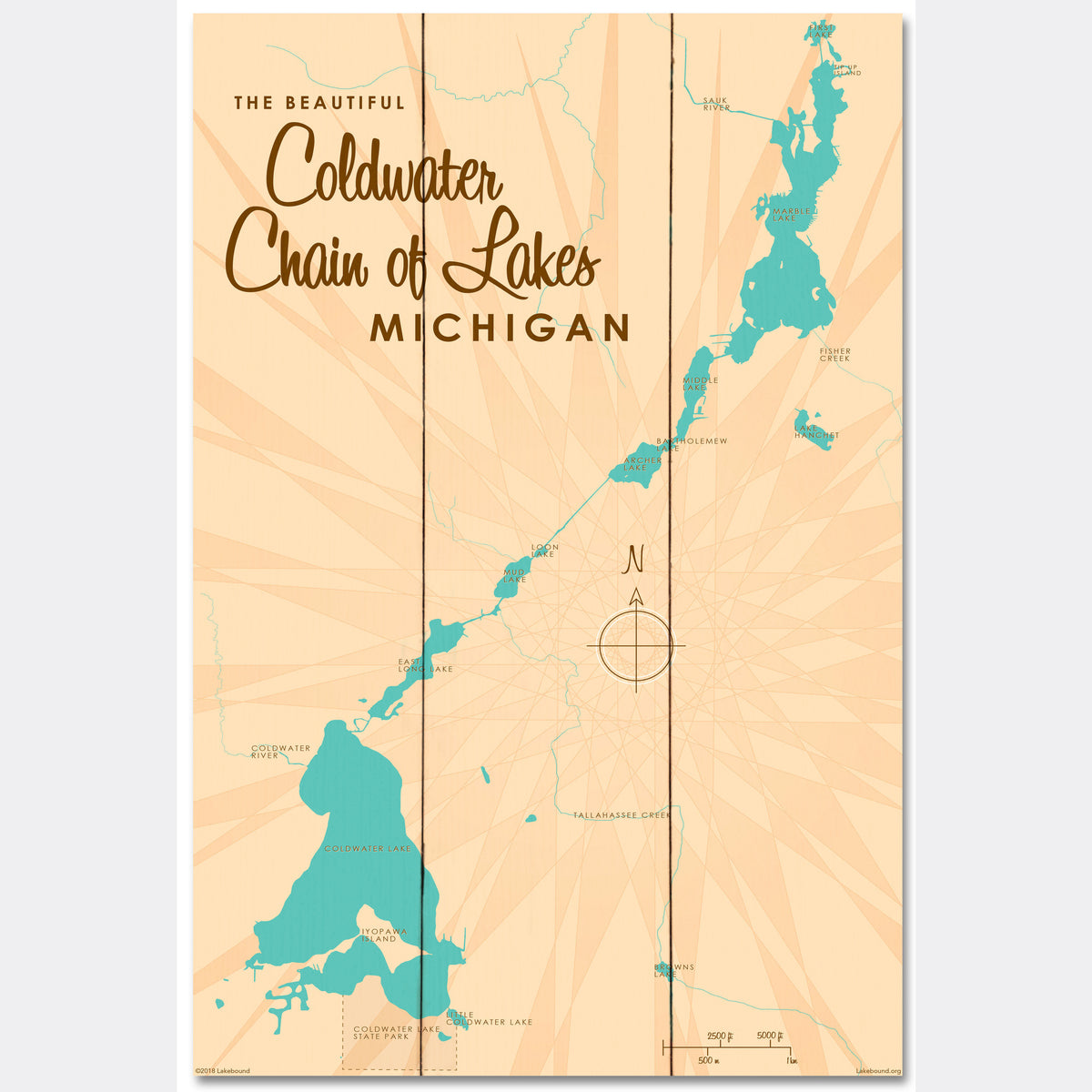 Coldwater Chain of Lakes Michigan, Wood Sign Map Art – Lakebound®