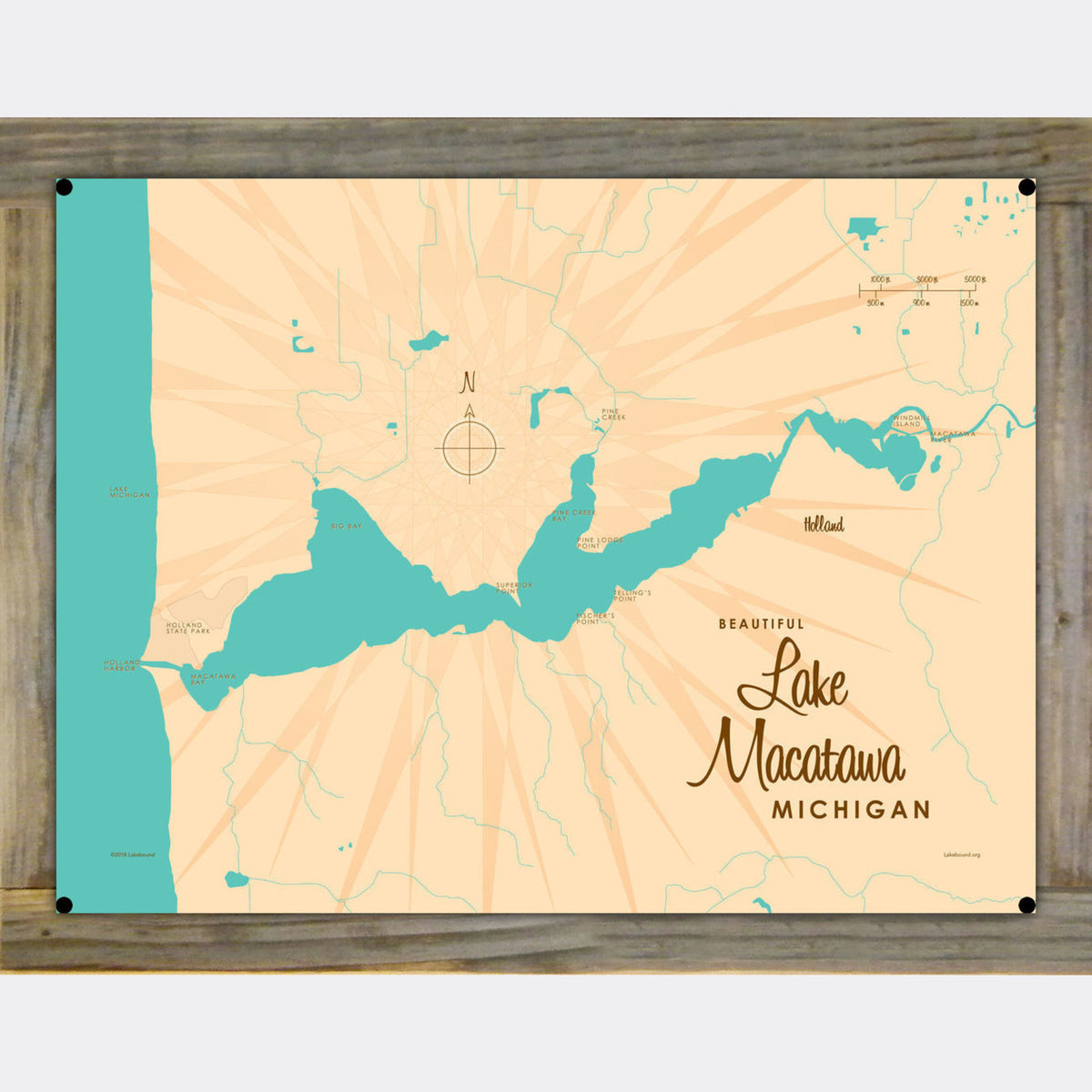 Lake Macatawa Michigan, Wood-Mounted Metal Sign Map Art – Lakebound®