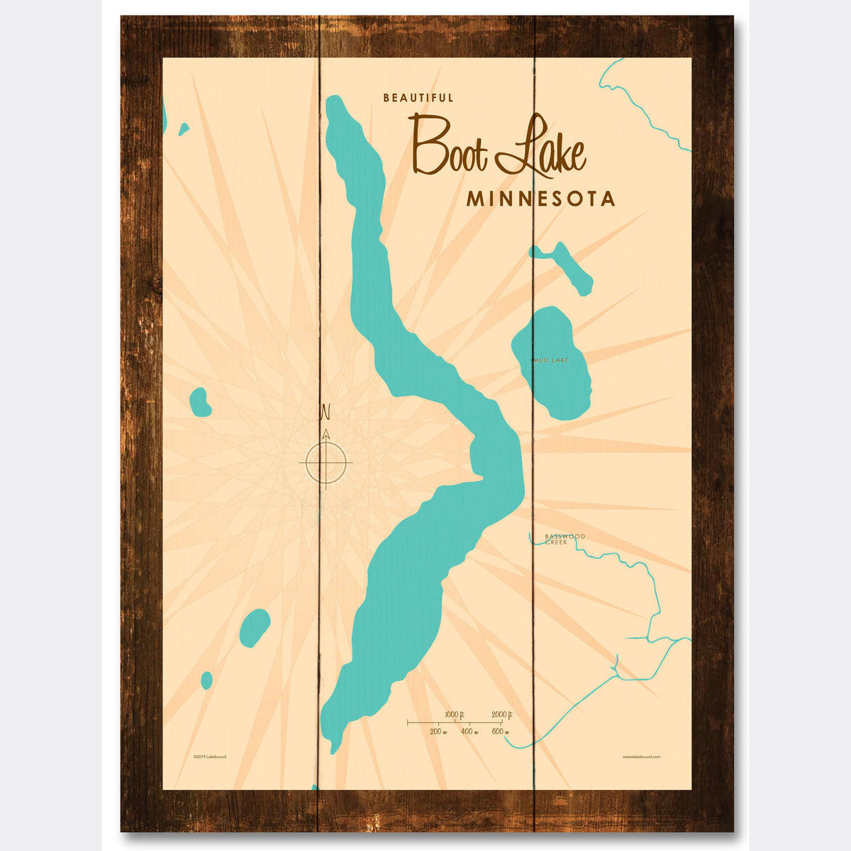 Boot Lake Minnesota, Rustic Wood Sign Map Art – Lakebound®