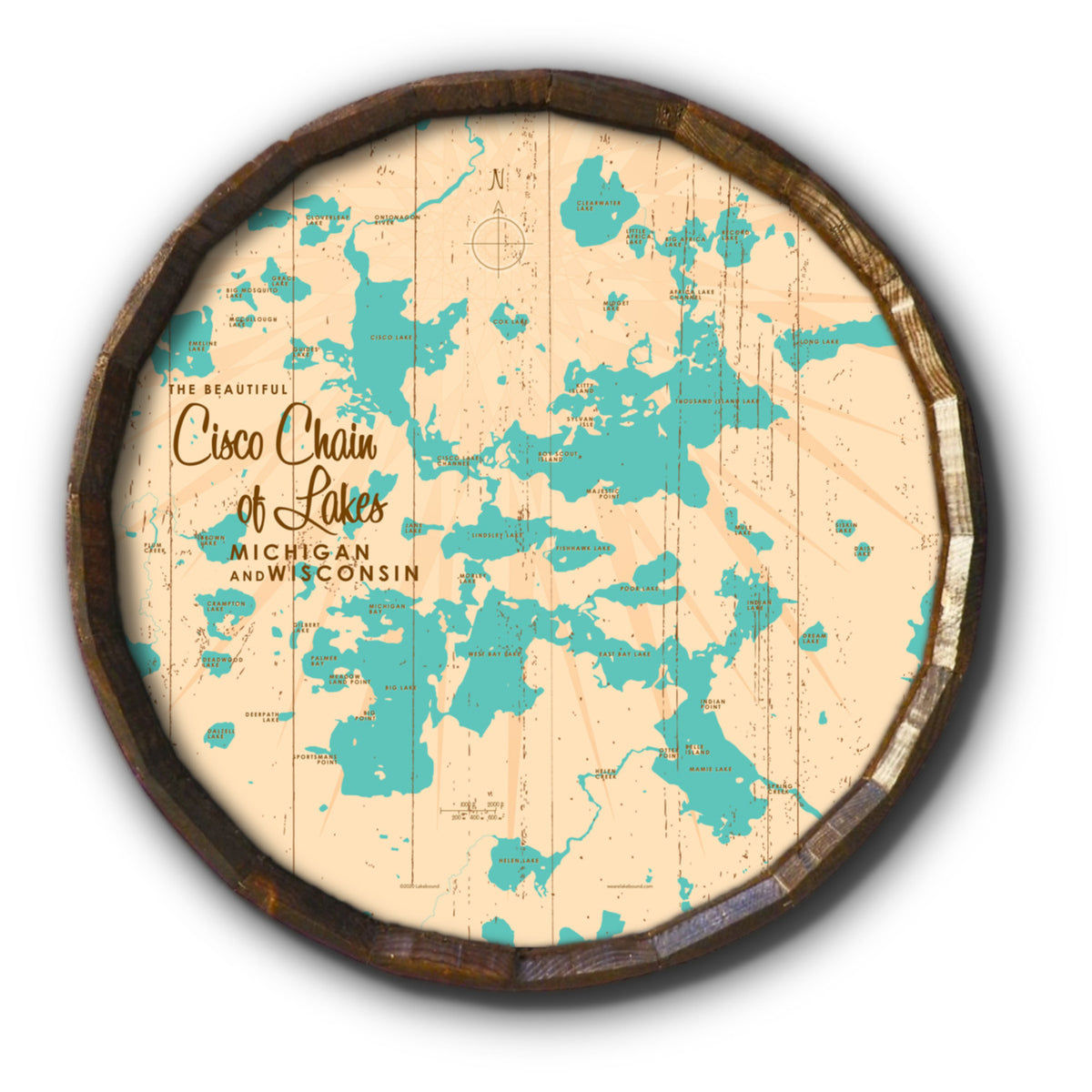 Cisco Chain of Lakes WI Michigan, Rustic Barrel End Map Art – Lakebound®