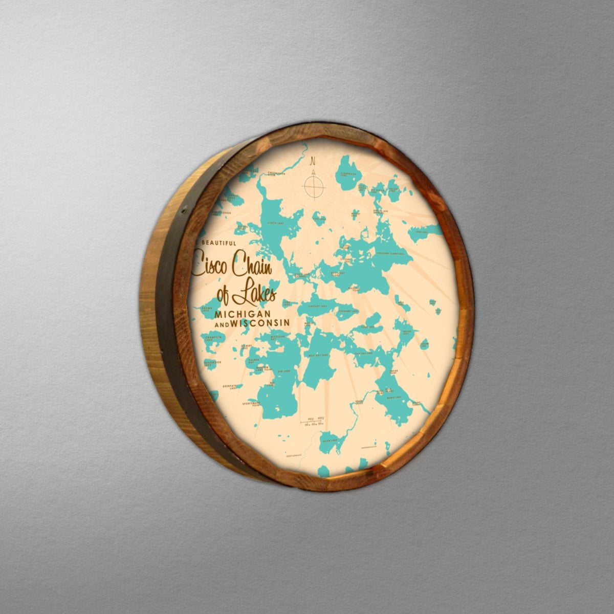 Cisco Chain of Lakes WI Michigan, Barrel End Map Art – Lakebound®