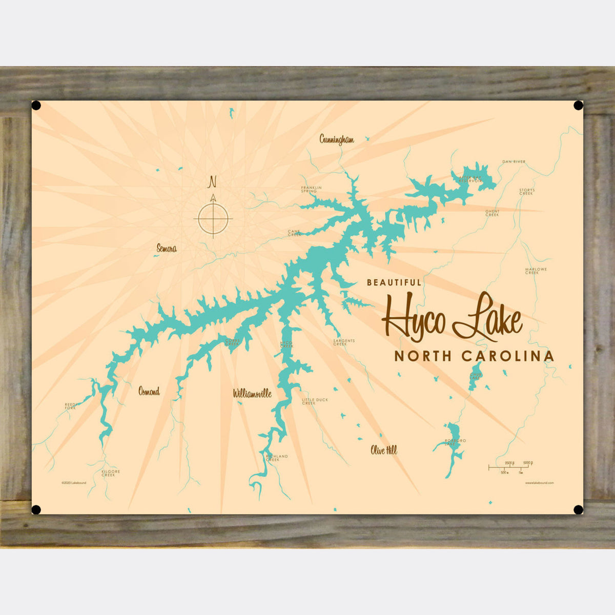 Hyco Lake North Carolina, Wood-Mounted Metal Sign Map Art – Lakebound®