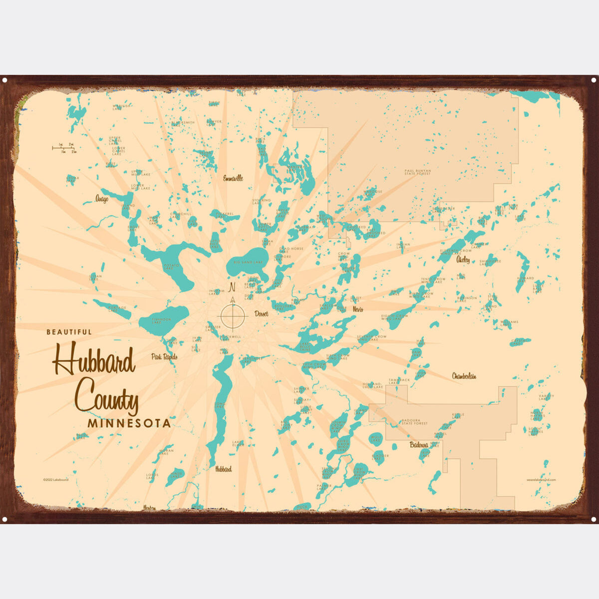 Hubbard County Minnesota, Rustic Metal Sign Map Art – Lakebound®