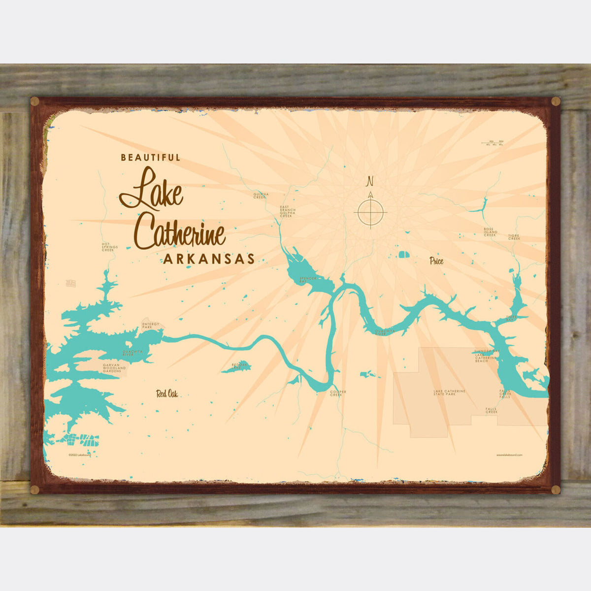 Lake Catherine Arkansas, Wood-Mounted Rustic Metal Sign Map Art ...