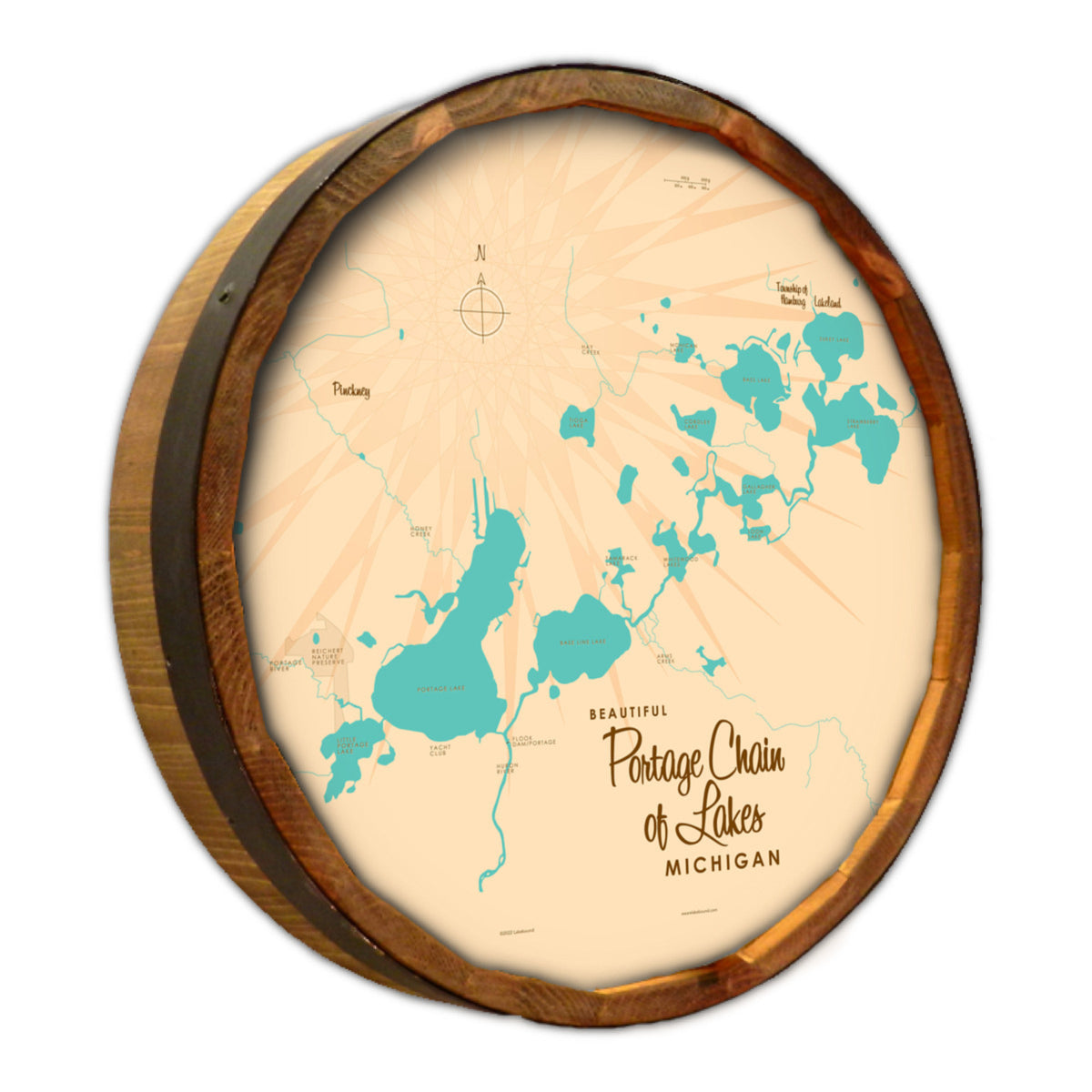 Portage Chain of Lakes Michigan, Barrel End Map Art – Lakebound®