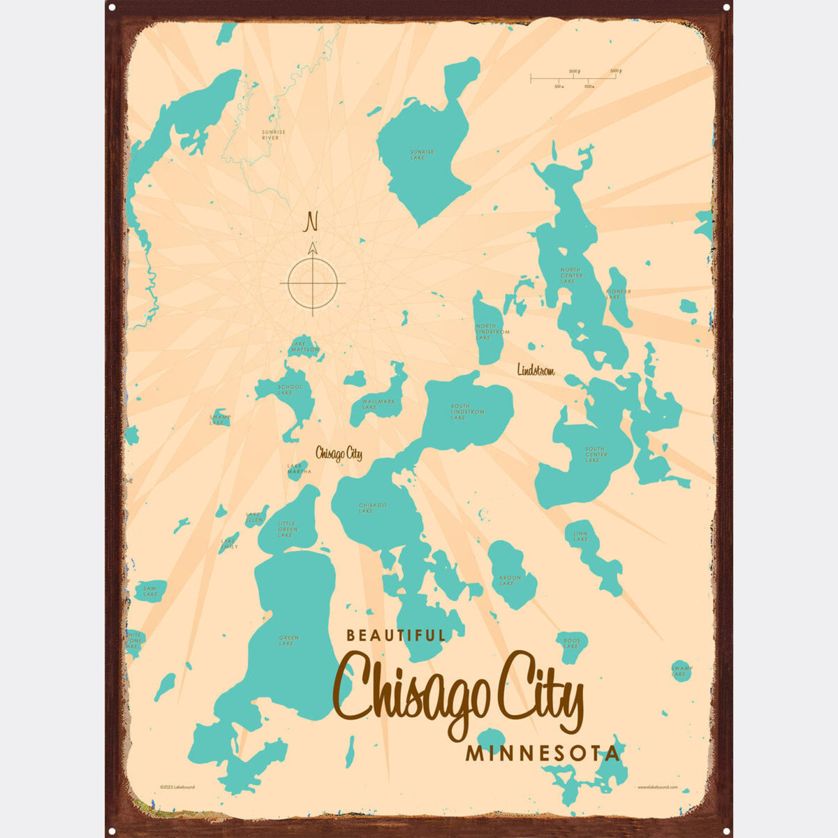 Chisago Lake Minnesota, Rustic Metal Sign Map Art – Lakebound®